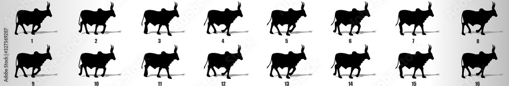Image vectorielle Stock Bull walk cycle animation frames silhouette, loop animation sequence ...