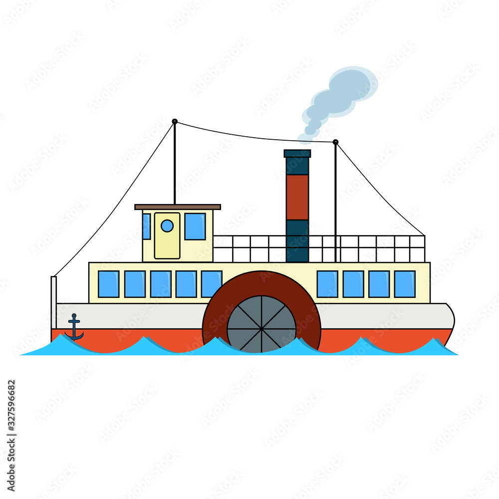 Retro passenger river steamboat in cartoon style on white background ...
