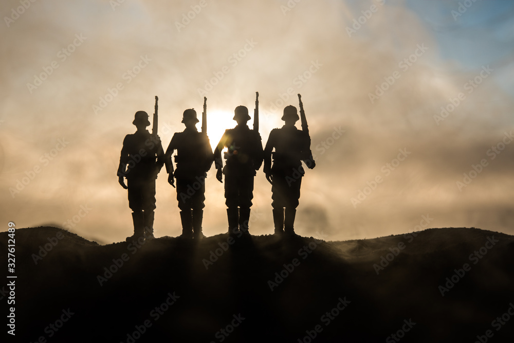 War Concept. Military silhouettes fighting scene on war fog sky ...