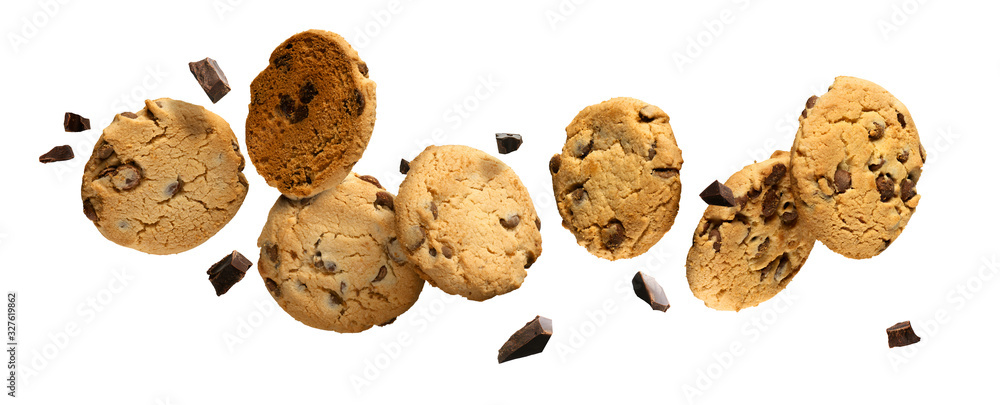 Flying Chocolate chip cookies with pieces of chocolate isolated on ...