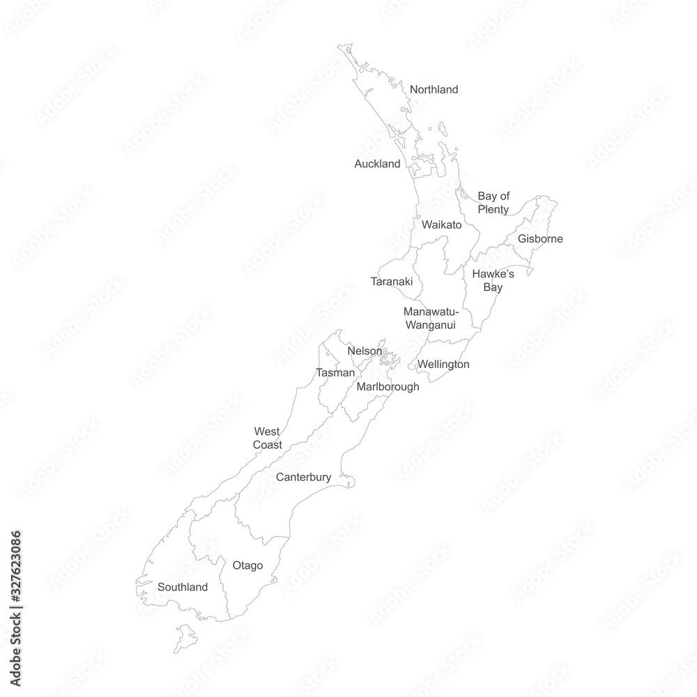 Image vectorielle Stock New zealand map with name labels on white ...