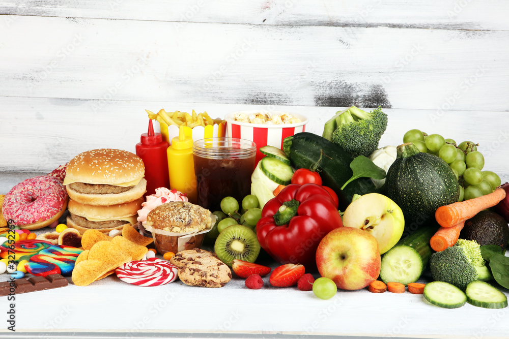 healthy or unhealthy food. Concept photo of healthy and unhealthy food ...