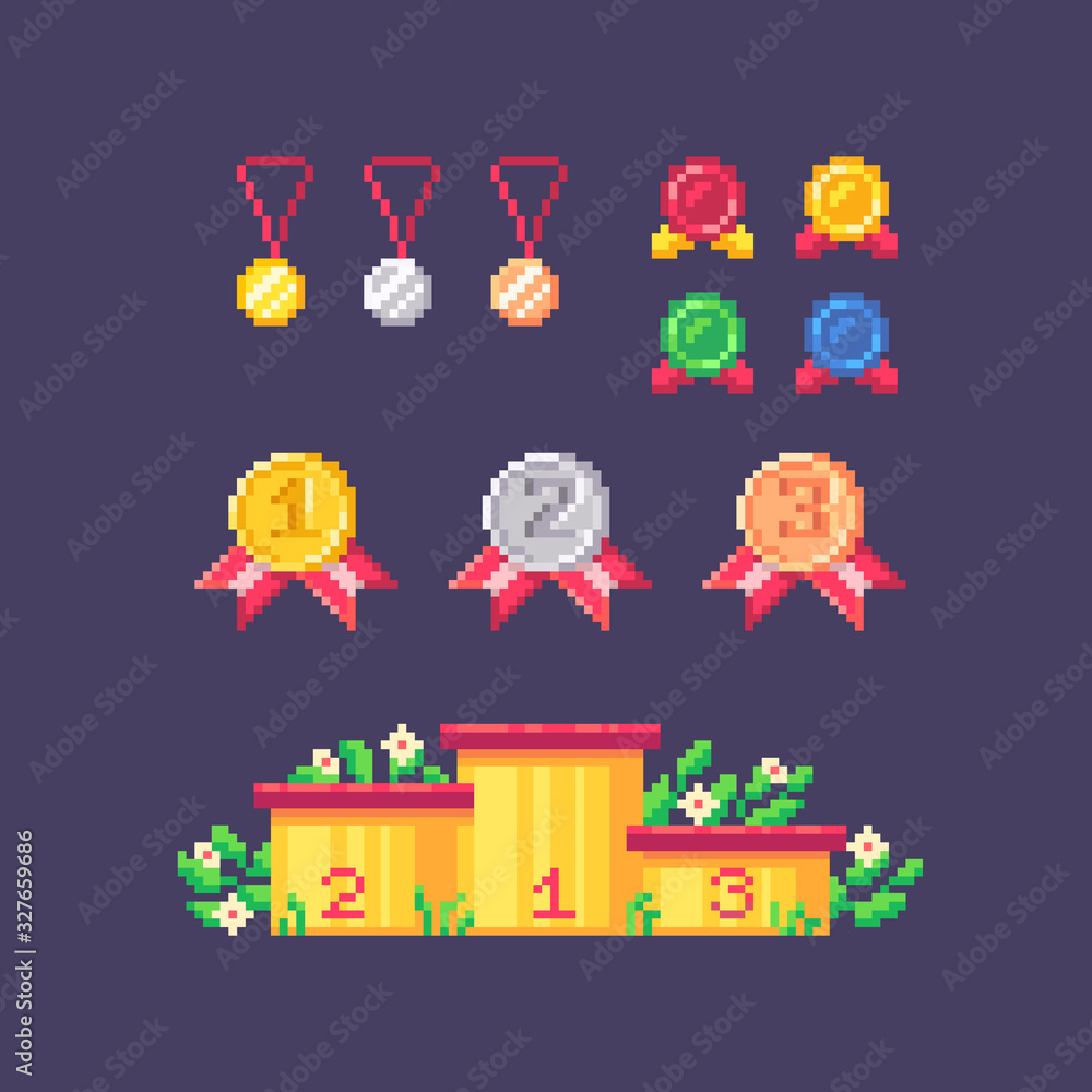 Pixel art winner set. Medals and winners podium. Stock Vector | Adobe Stock