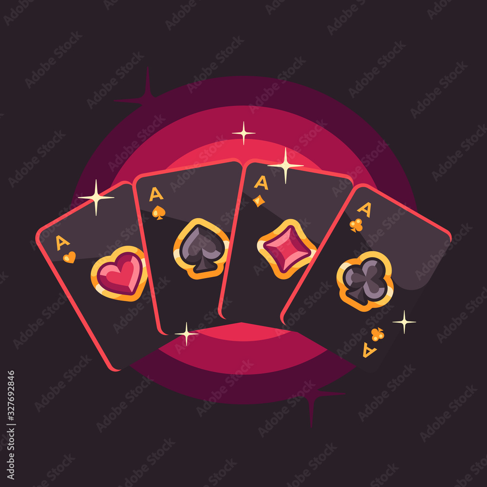 Four black and gold playing card aces with red and black gem symbols on ...