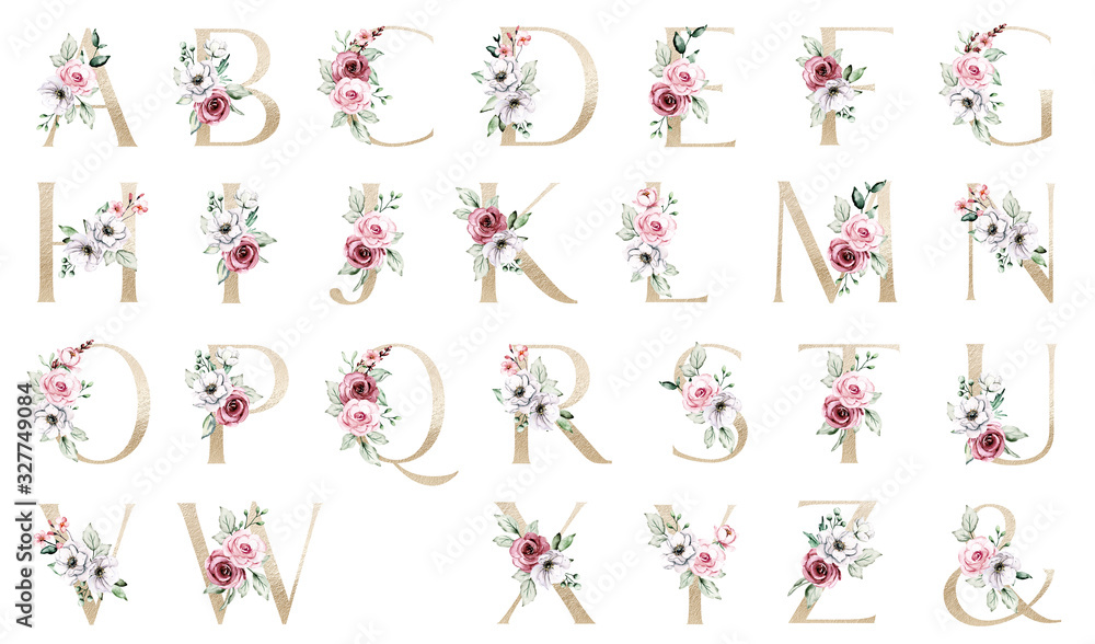 Gold letters set, alphabet with watercolor flowers pink roses and leaf ...