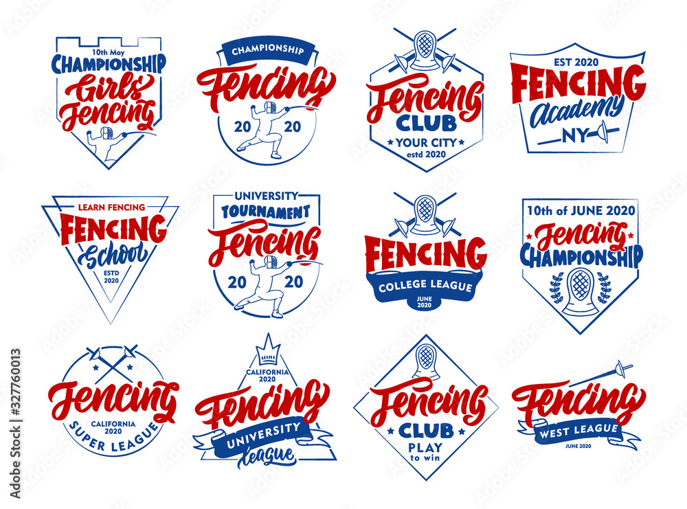 Set of vintage Fencing emblems and stamps. Colorful sport badges ...