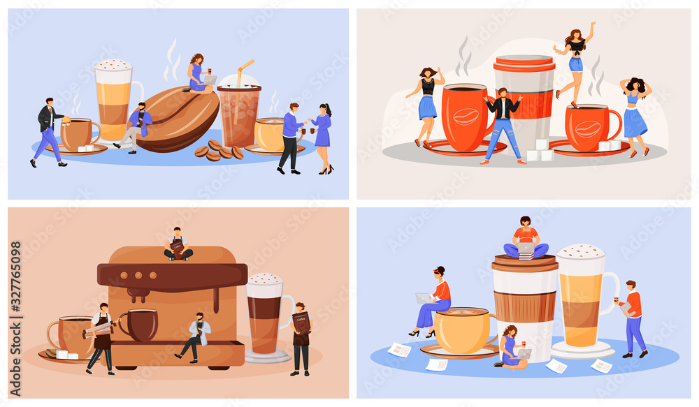 Coffee culture flat concept vector illustration set. Espresso making ...