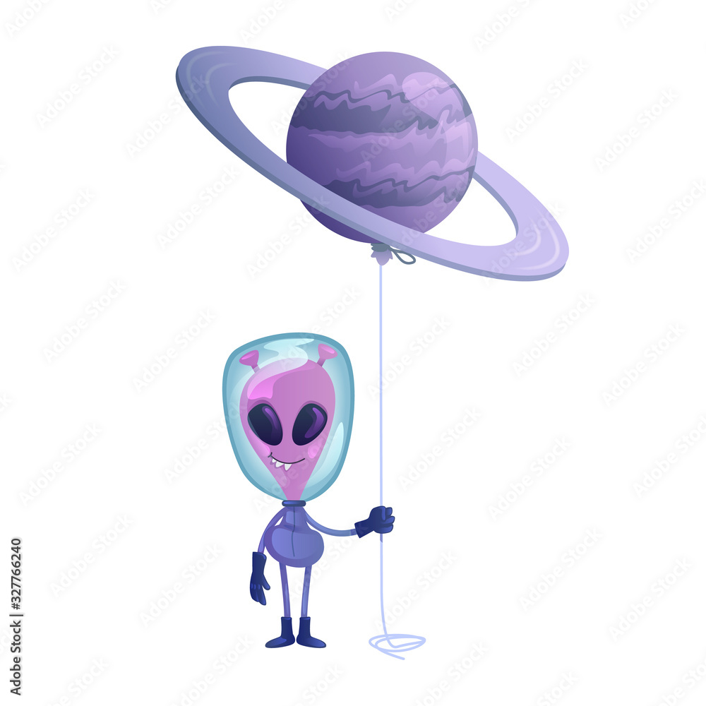 Alien with planet balloon flat cartoon vector illustration ...