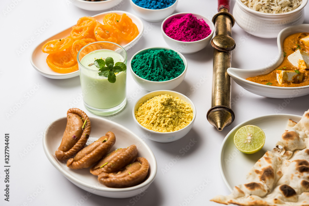 Happy Holy concept showing Indian assorted lunch food like paneer ...