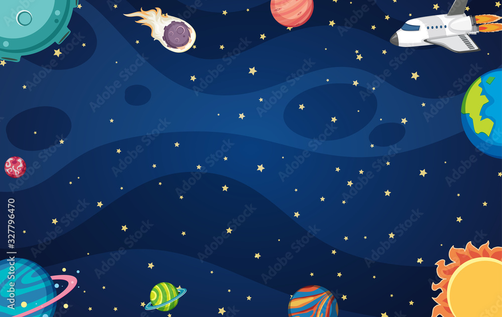 Background template design with spaceship and many planets in space ...
