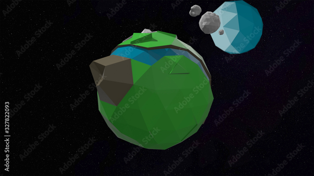 Two cartoony planets orbitting their common center of mass, gravitating ...