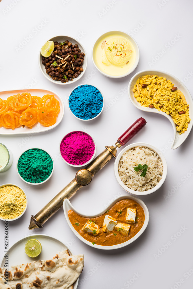 Happy Holy concept showing Indian assorted lunch food like chicken ...