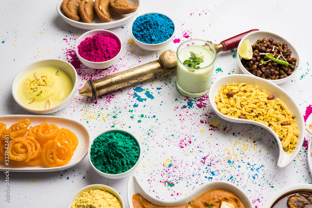 Happy Holy concept showing Indian assorted lunch food like paneer ...