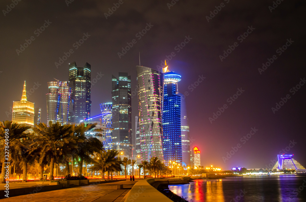 The skyline of the modern and high-rising city of Doha in Qatar, Middle ...