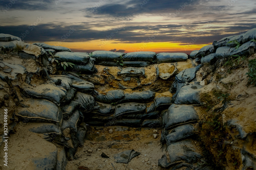 War zone. Sandbag for protecting the enemy from invading front line ...