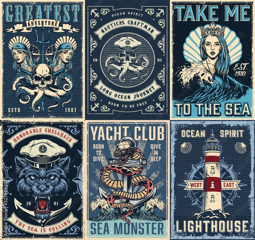 Vintage marine posters set Stock Vector | Adobe Stock
