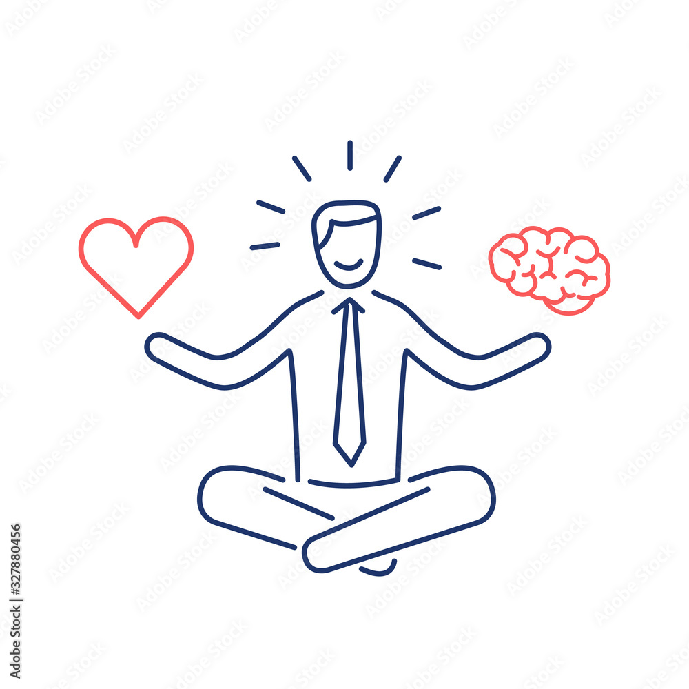 Balance. Vector illustration of meditating businessman balancing heart ...