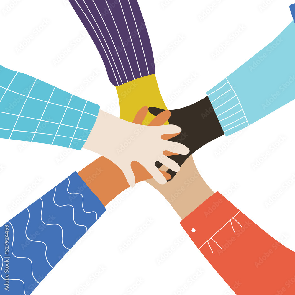 Vector cartoon illustration of people gathering hands Stock Vector ...