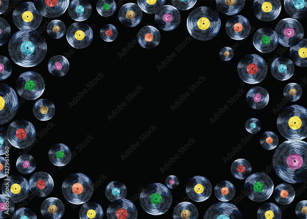 Funky retro disco hand painted vinyl records on black border frame ...