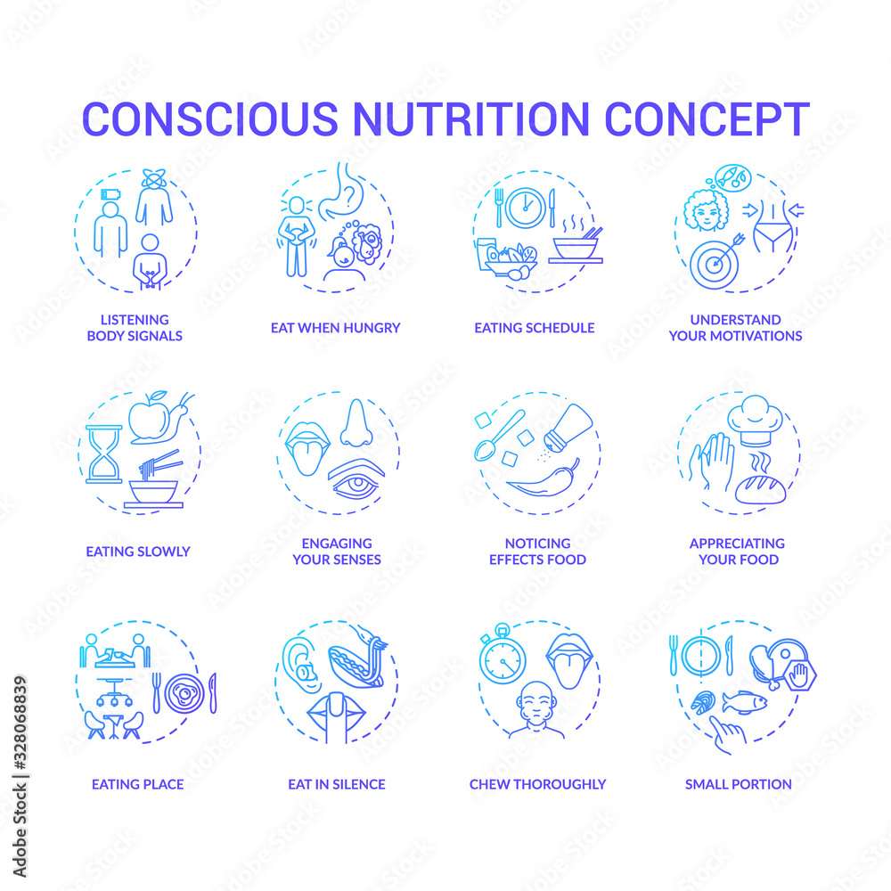 Conscious nutrition concept icons set. Mindful eating, careful and ...