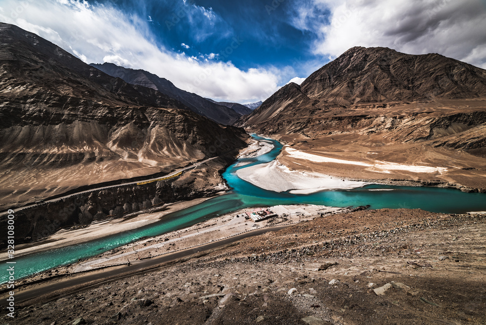 Confluence of Zanskar and Indus rivers - Leh, Ladakh, India Stock Photo ...