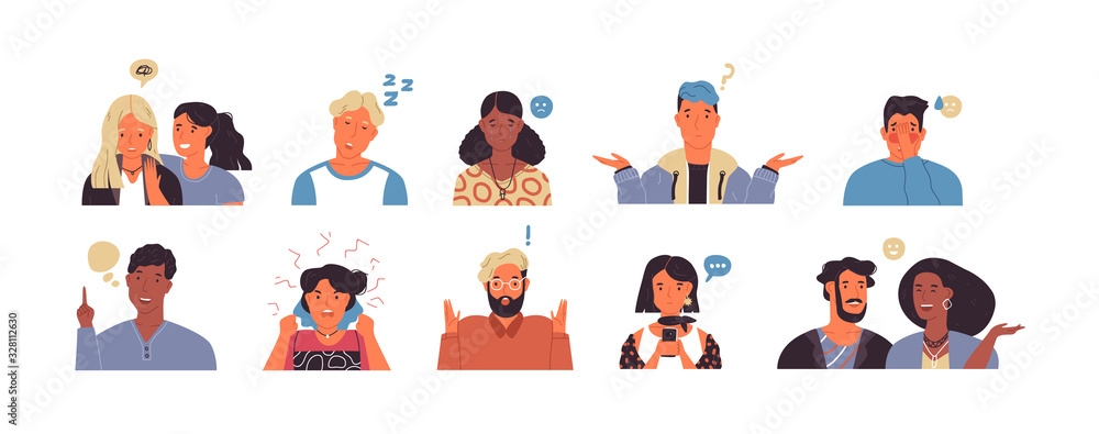 Set of diverse people expressing emotions on isolated background. Flat ...