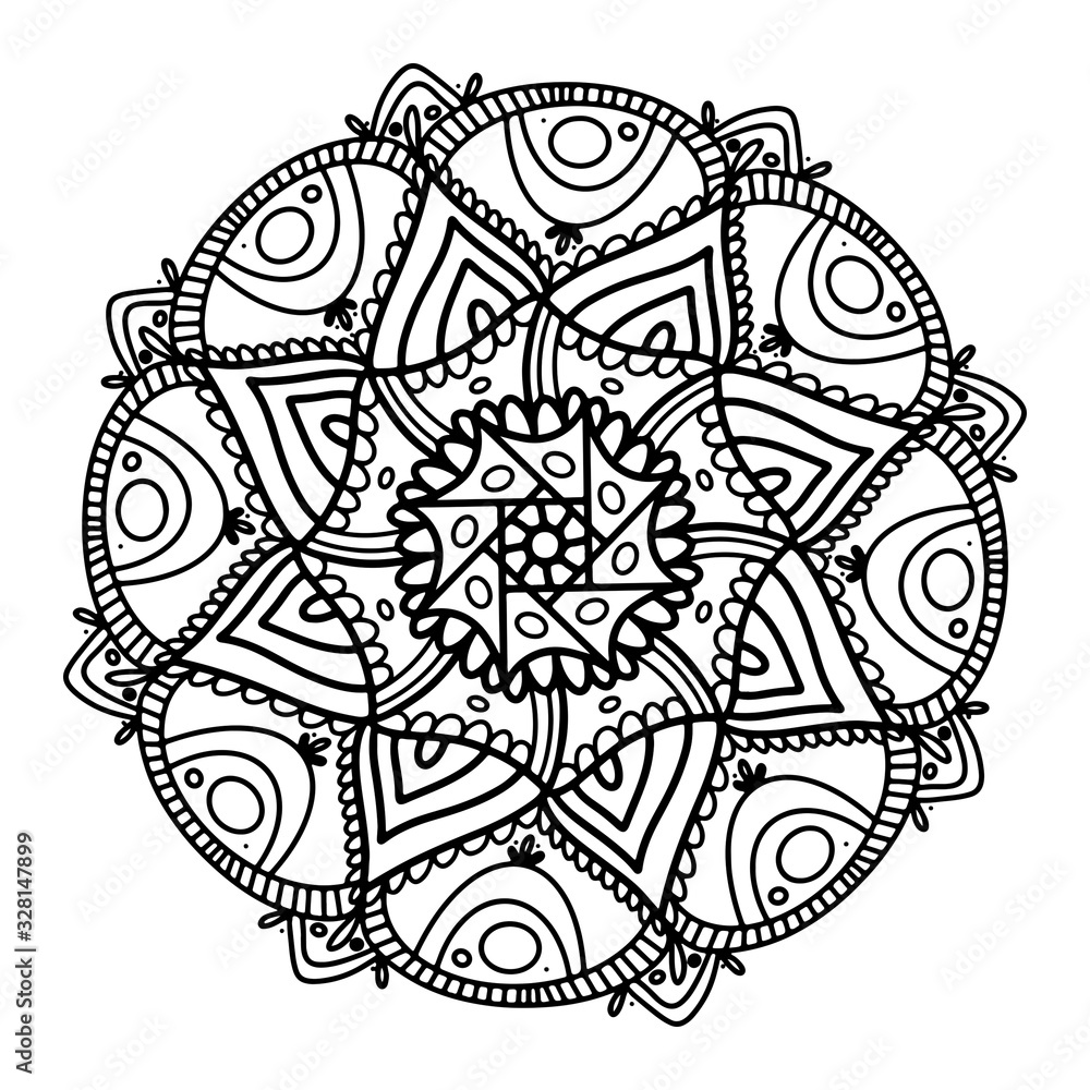 Mandala freehand contour doodle digital art. Print for fabrics ...