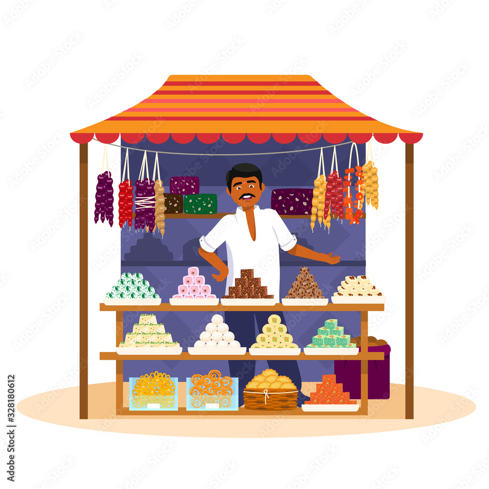 Indian man selling traditional sweets. Vector illustration of Asian ...
