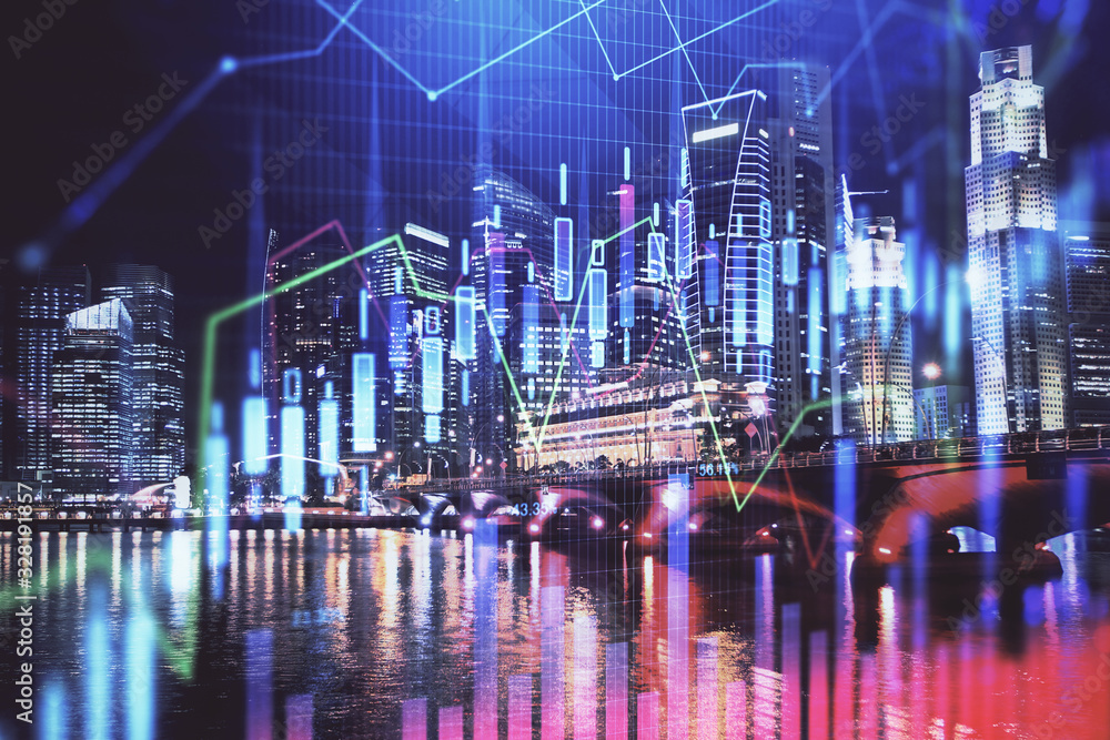 Financial chart on city scape with tall buildings background multi ...