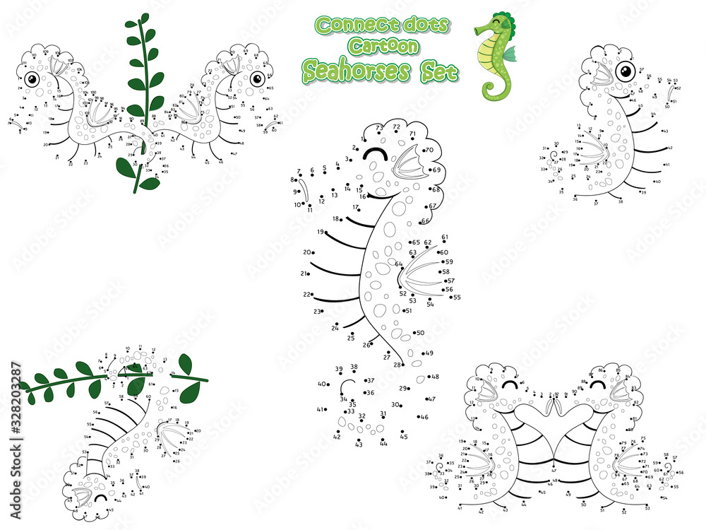 Connect The Dots and Draw Cute Seahorses Cartoon Set. Educational Game ...