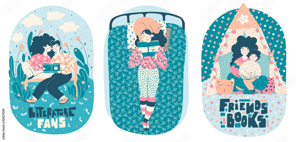 Book literature friends, book day cards, flat cartoon vector ...