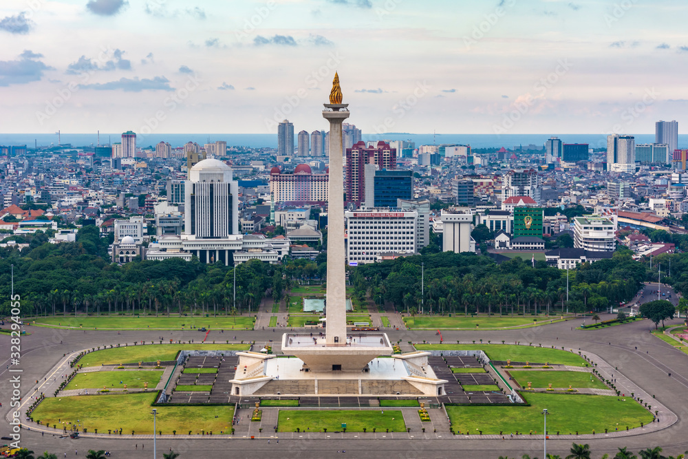 Jakarta, Indonesia - 19th February 2019: Aerial view of Tugu Monas ...