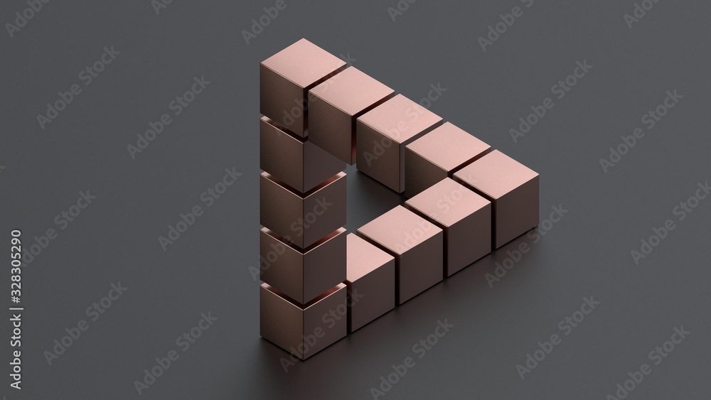 3D rendering of an impossible triangle consisting of pink metal cubes ...
