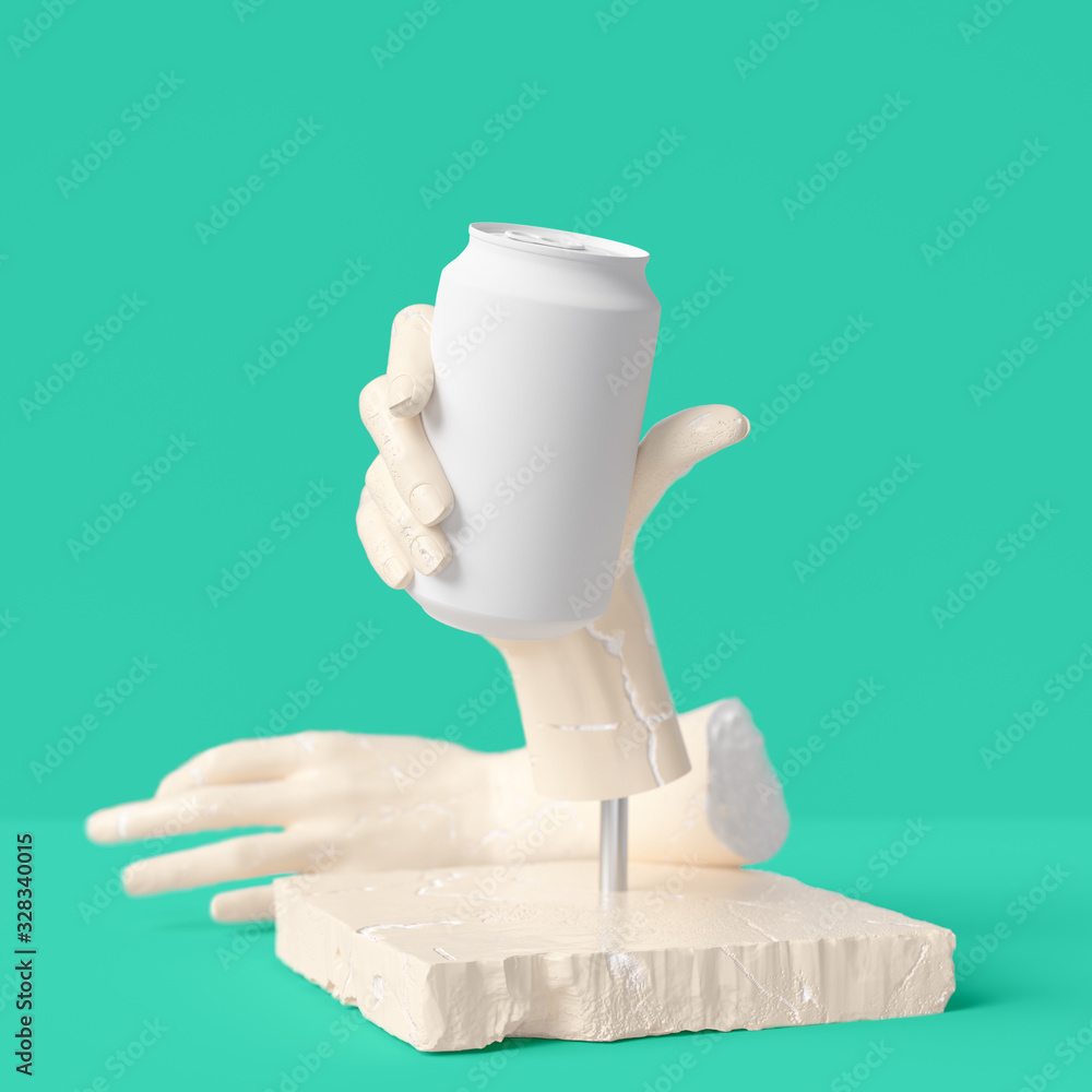 Hand sculpture gesture holding soda drink can isolated on green ...