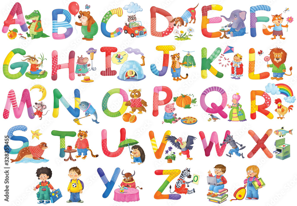 English alphabet in pictures. Coloring page. Funny animals. Cute ...