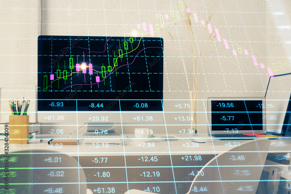 Forex market chart hologram and personal computer background. Multi ...