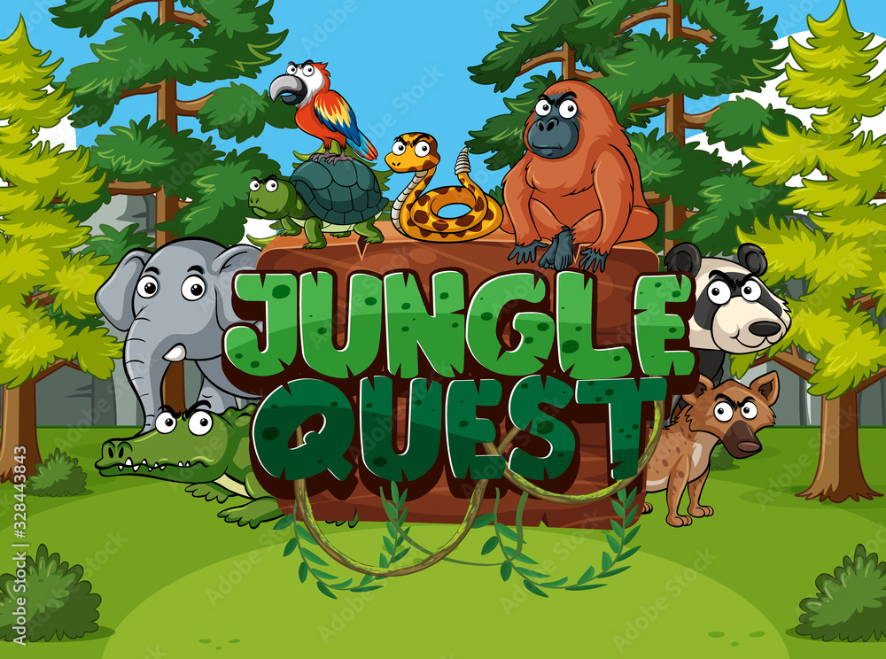 Forest scene with word jungle quest and wild animals in background ...