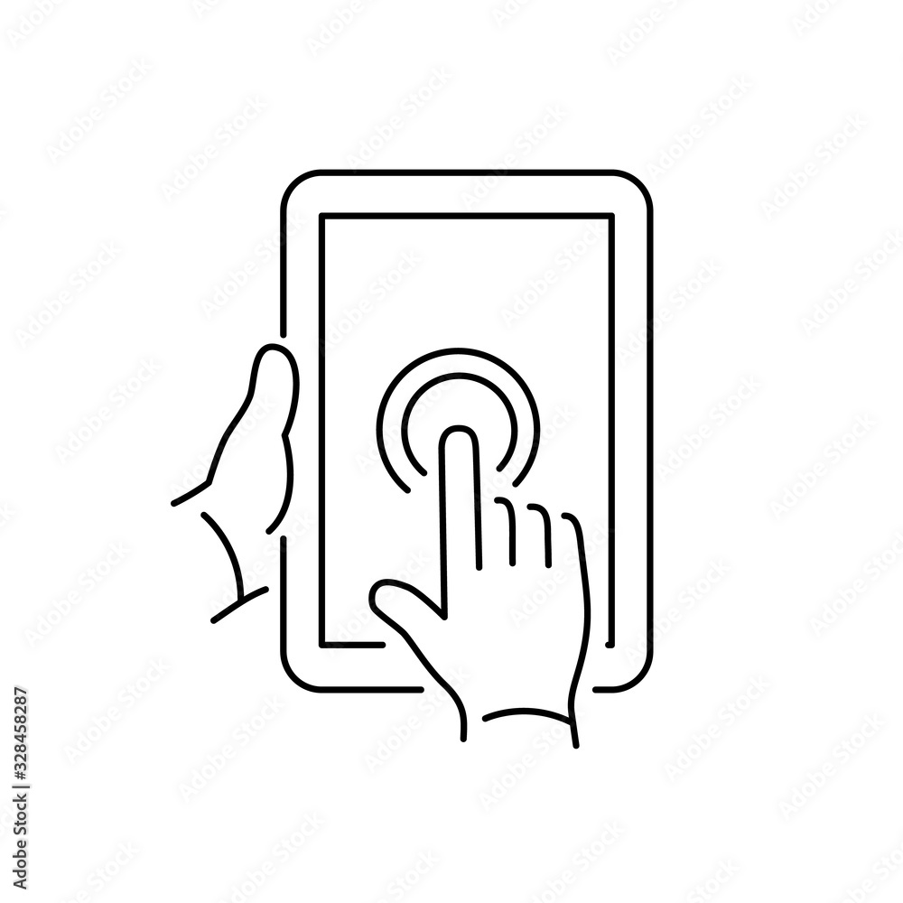 Vector linear tablet icon with one finger double tapping gesture on touch screen | flat design ...
