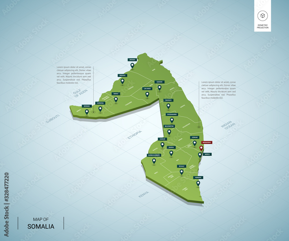 Стоковий вектор Stylized map of Somalia. Isometric 3D green map with ...