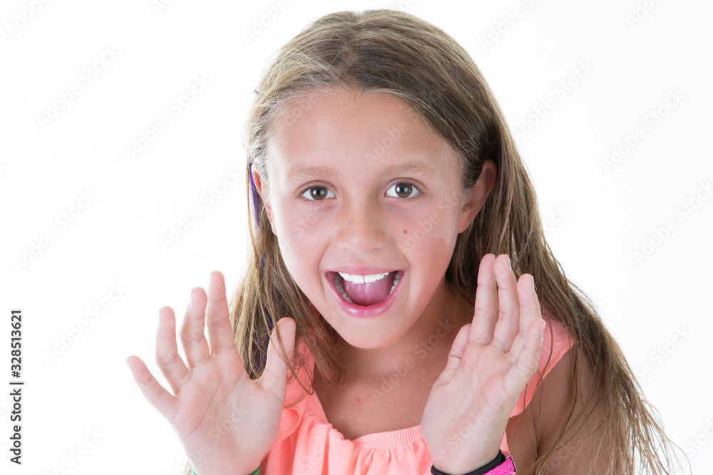 Frightened young girl holding screaming out loud isolated on white ...