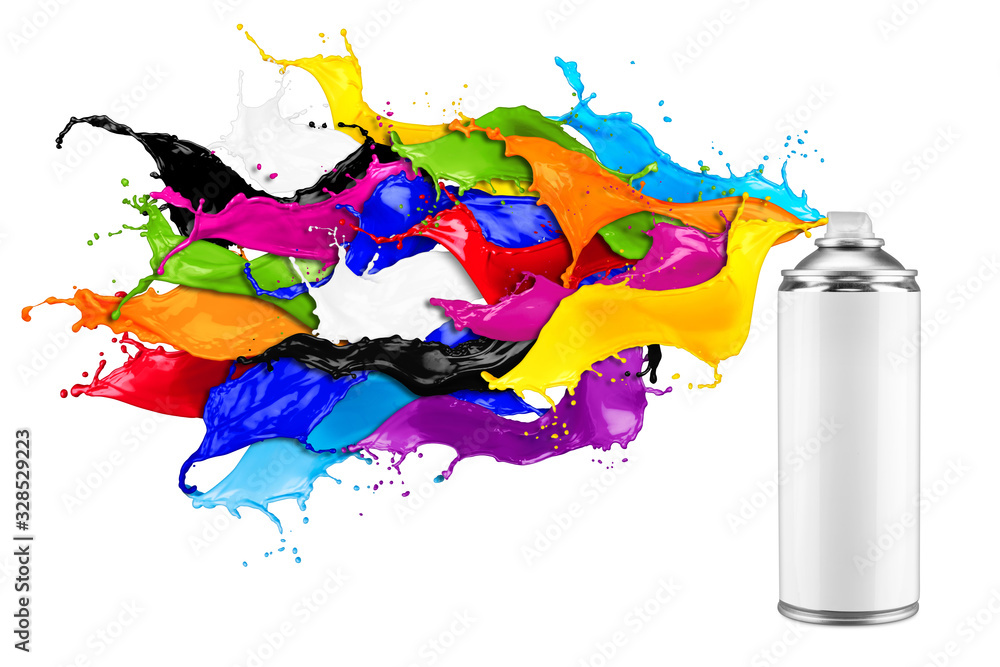 spray can spraying colorful rainbow paint liquid color splash explosion ...