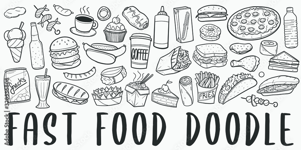 Fast Food Doodle Line Art Illustration. Hand Drawn Vector Clip Art ...