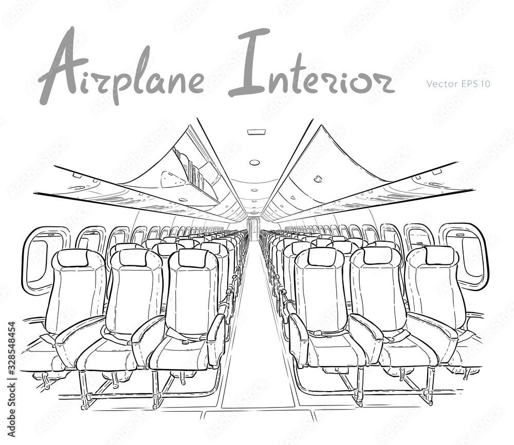 Airplane interior hand drawn sketch vector illustration Stock Vector ...