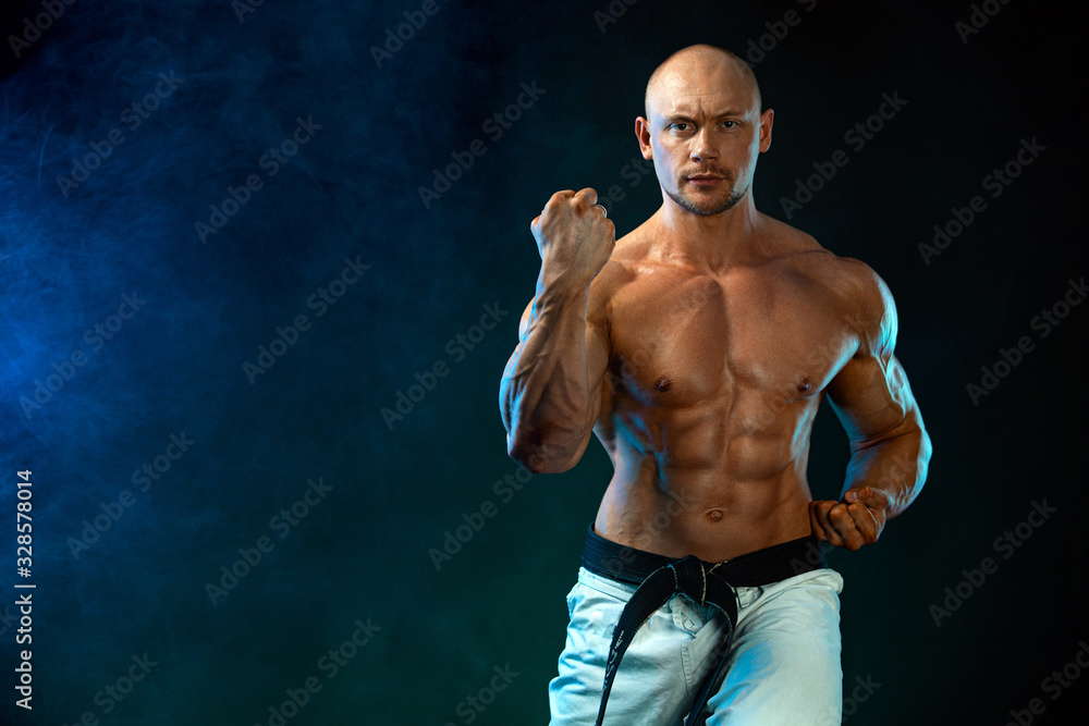 Karate or taekwondo fighter on black background with smoke. Fit man ...