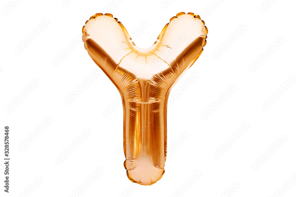 Letter Y made of golden inflatable helium balloon isolated on white ...