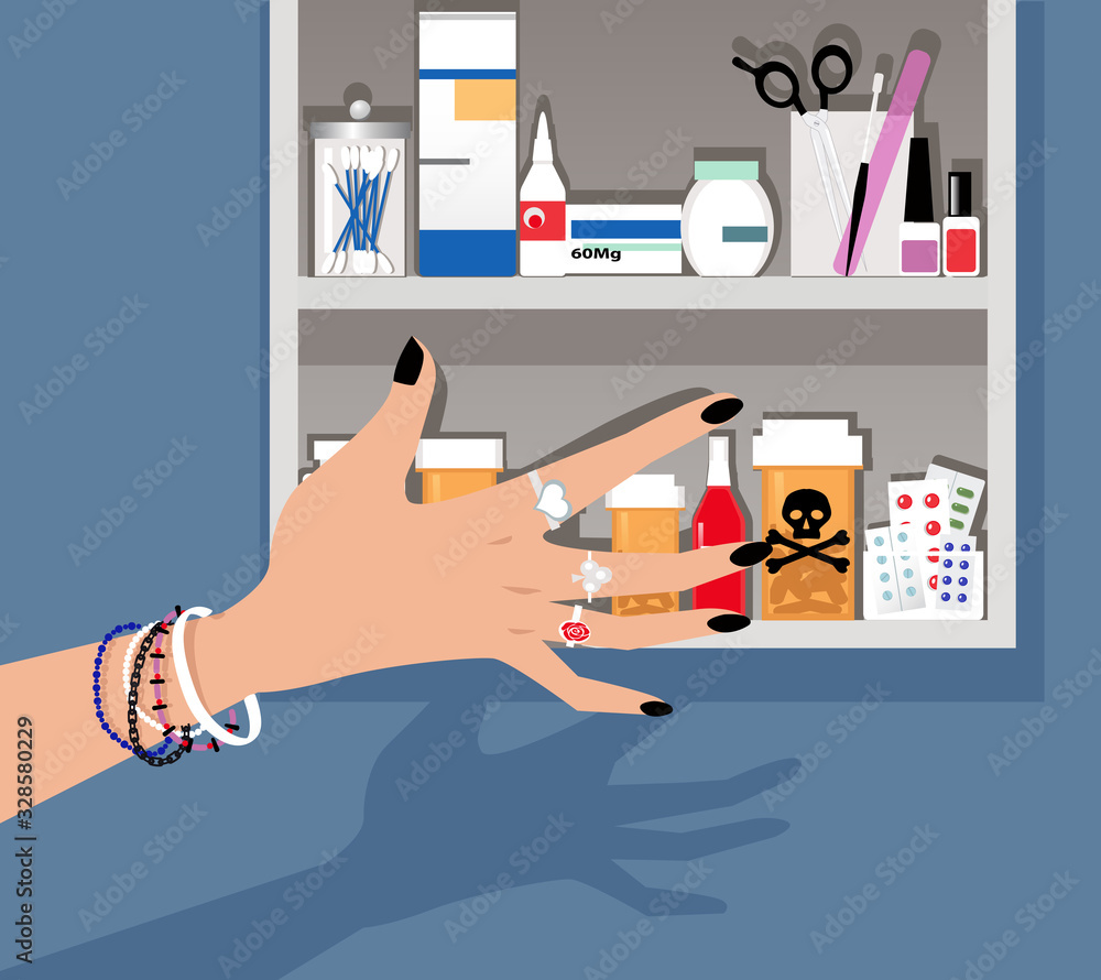 Teenage girl's hand reaching for a dangerous drug in a medicine cabinet ...