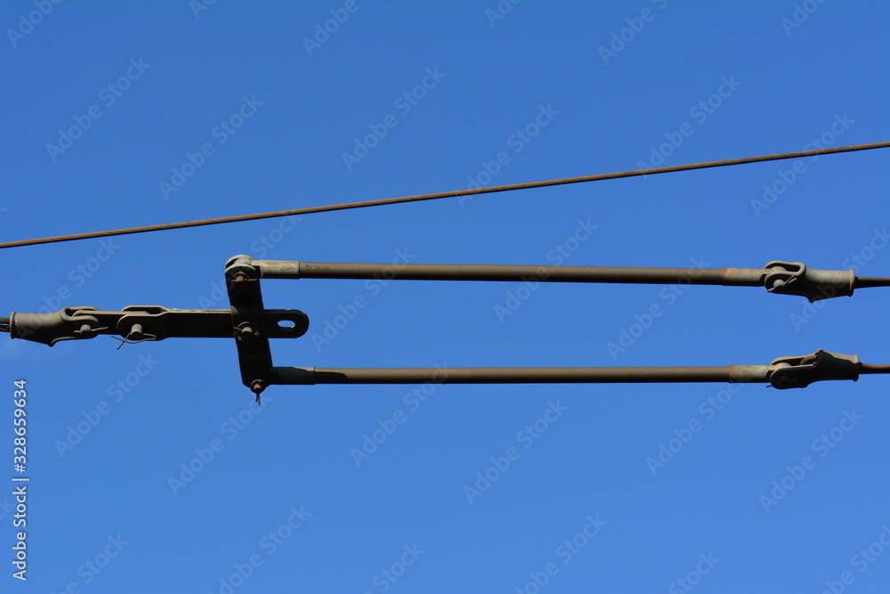 Special connection of electric wires on the railway tracks Stock Photo ...