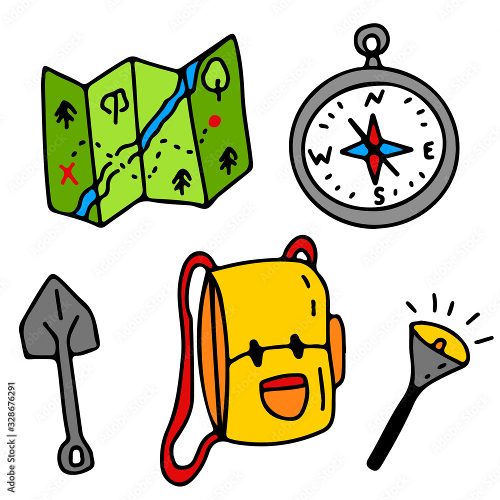 Camping set in cartoon style. Map, compass, spade, flashlight and ...