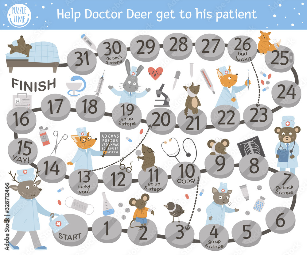 Medical adventure board game for children with cute characters ...