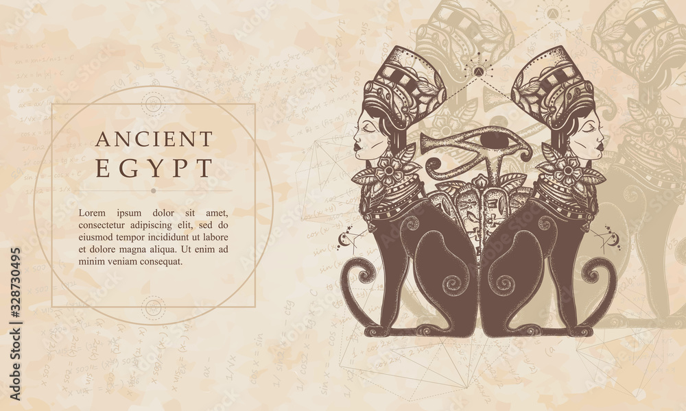 Ancient Egypt. Two black woman cats and sacred eye of god Horus. Queen ...